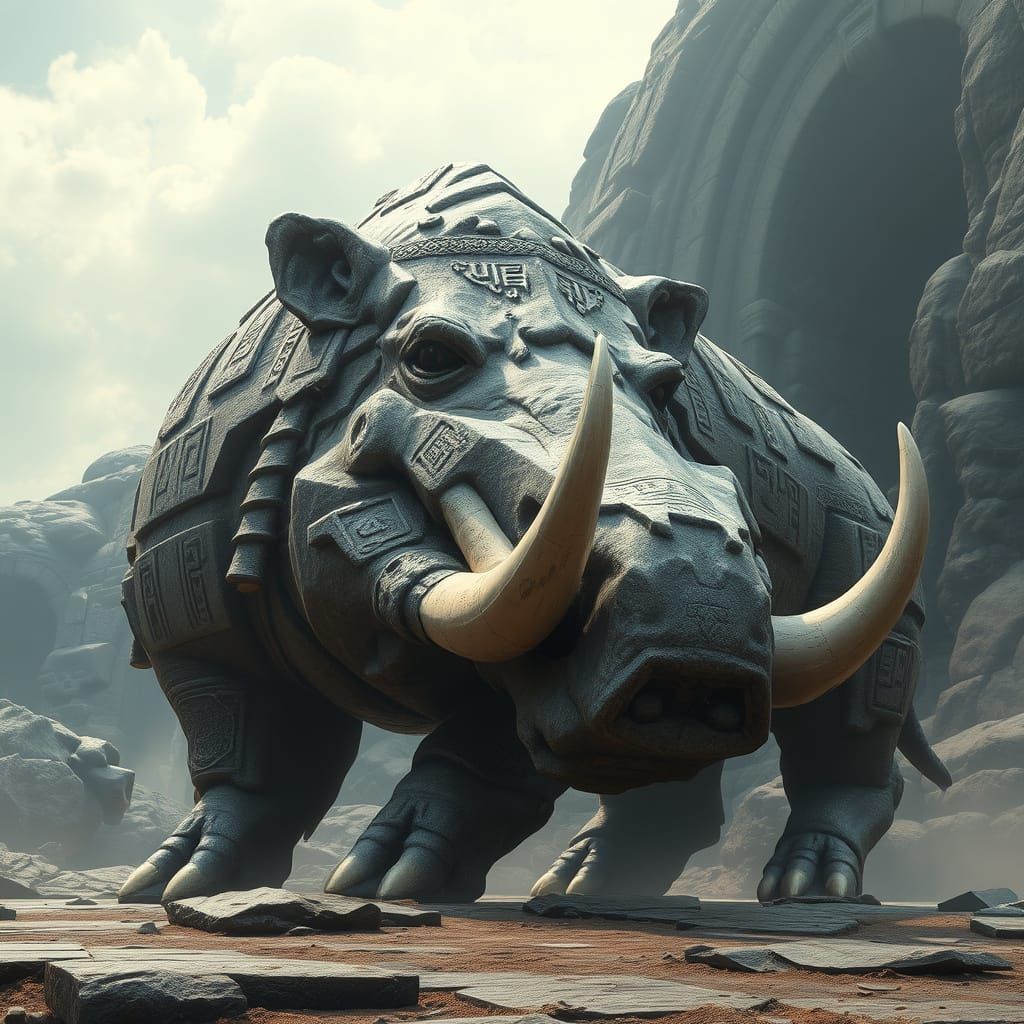 Gargantuan Stone Boar in Ancient Hieroglyphics Sty... - AI Art