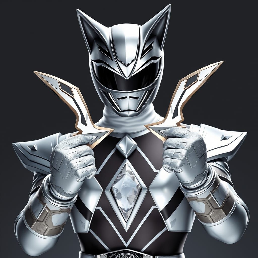 Silver Power Ranger with a pair of fox-shaped shuriken with a silver ...