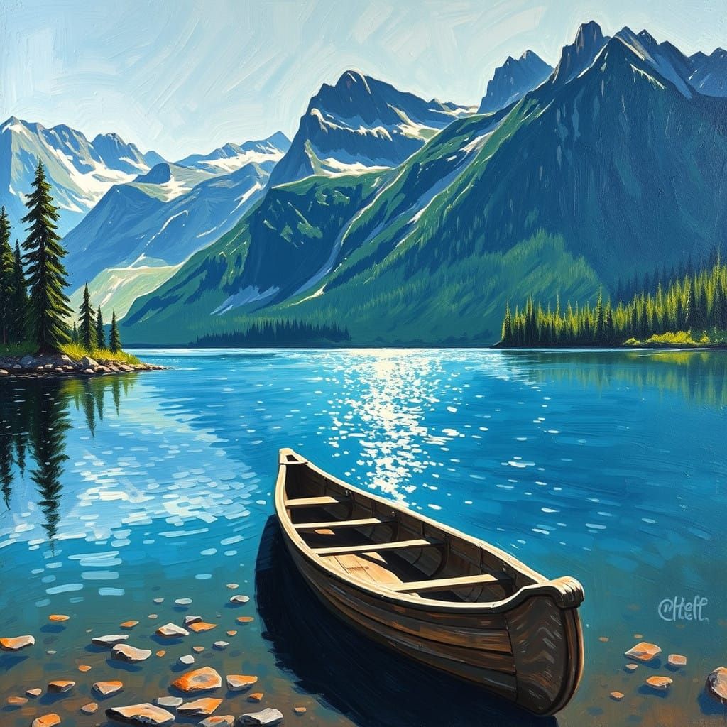 Impressionist Lake Scene with Impasto Canoe - AI Art