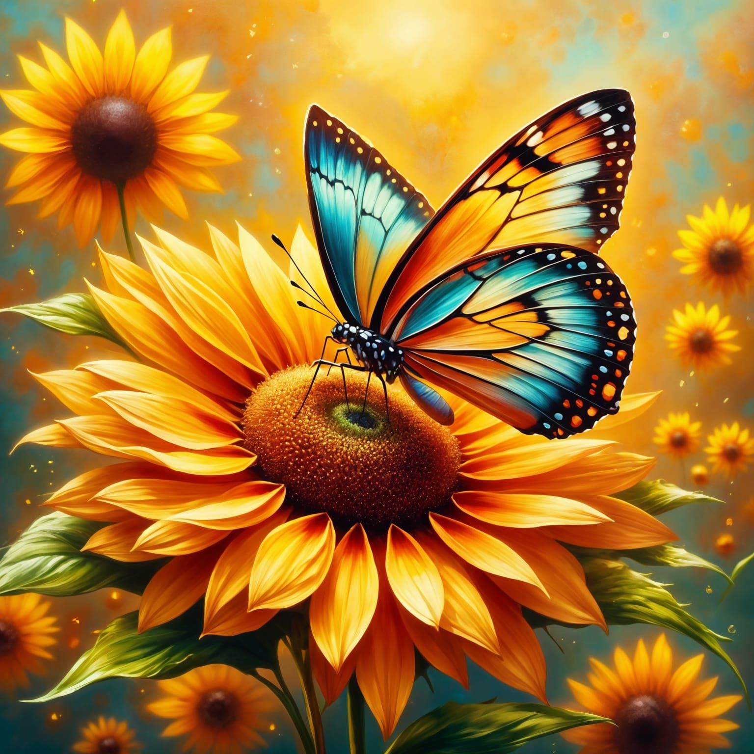 Butterfly On A Sunflower - Vibrant Neo-Expressionist Oil Pai...