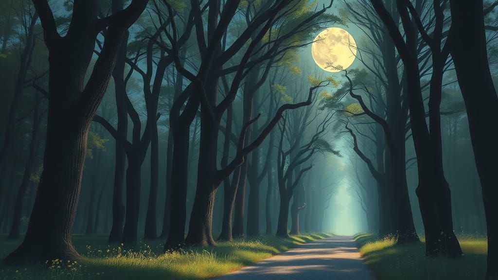 Moonlit Forest Path Under Starry Night Sky - AI Art