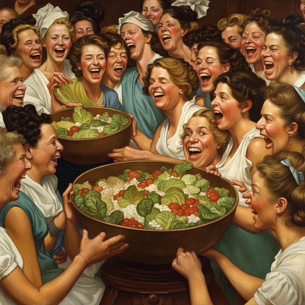 Norman Rockwell painting; masses of women laughing eating bowls of salad - AI Generated Artwork ...