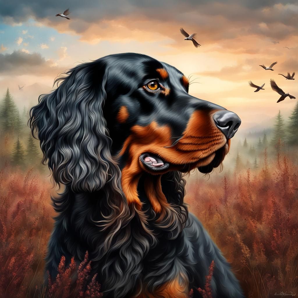framed portrait of a Gordon Setter dog pointing its nose and tail out ...