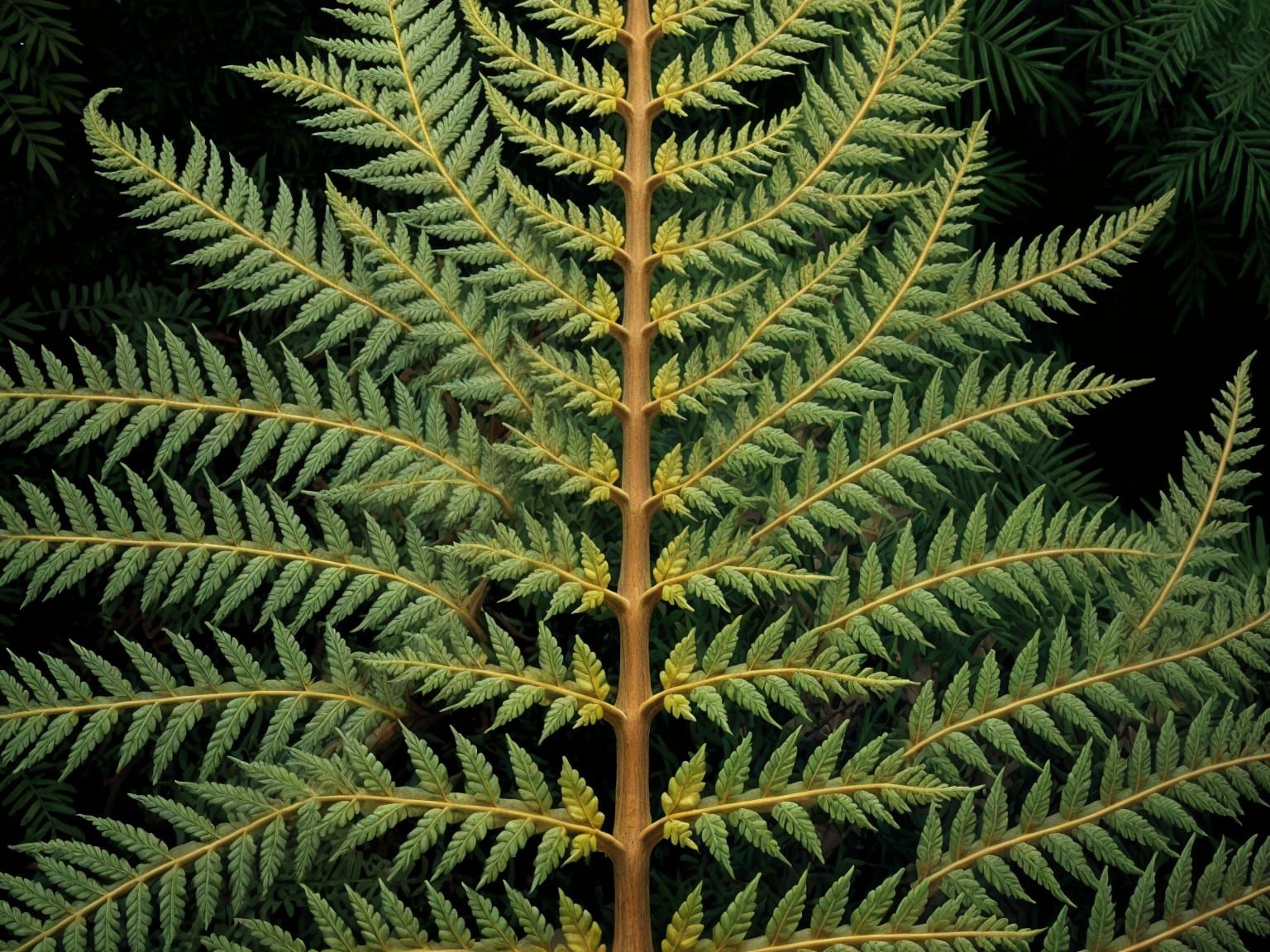 a detailed image of a fern frond with a fractal pattern. Show a central ...