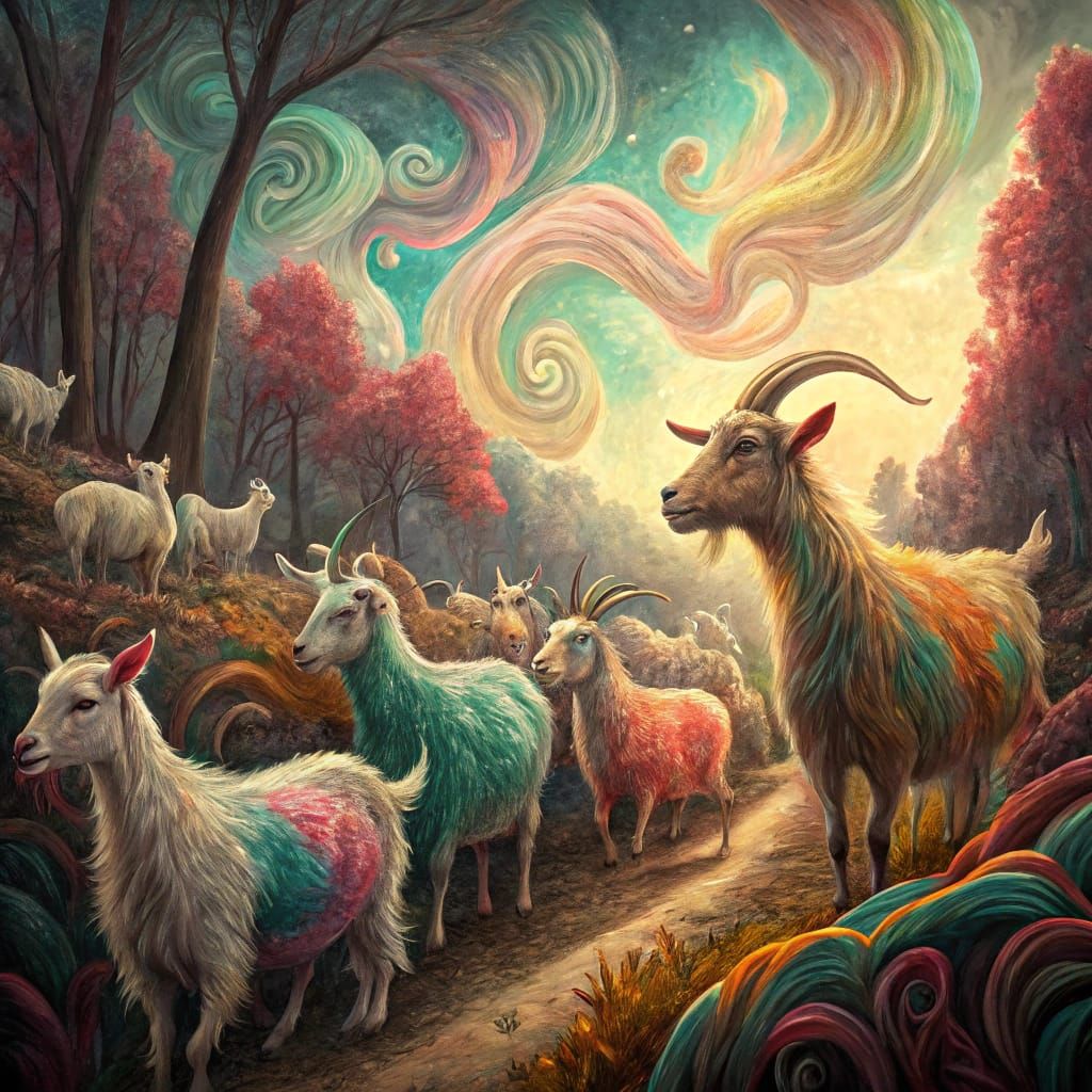 Paradox Catalyst maximalist goat farm, encaustic, surrealist, swirling ...