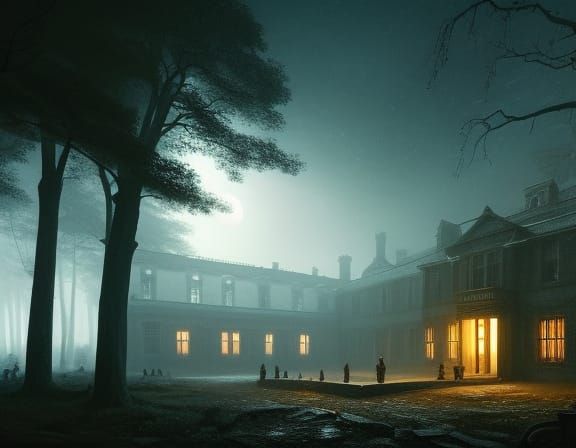 haunted victorian insane asylum at dark night, ghosts seen, blue black ...