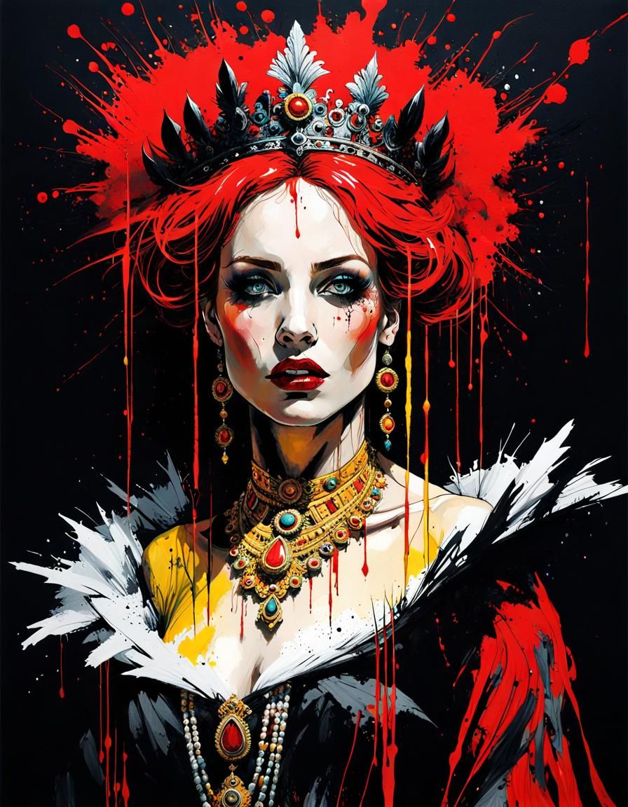 "ink splatter of red yellow and blackdetailed portrait of a dark queen ...