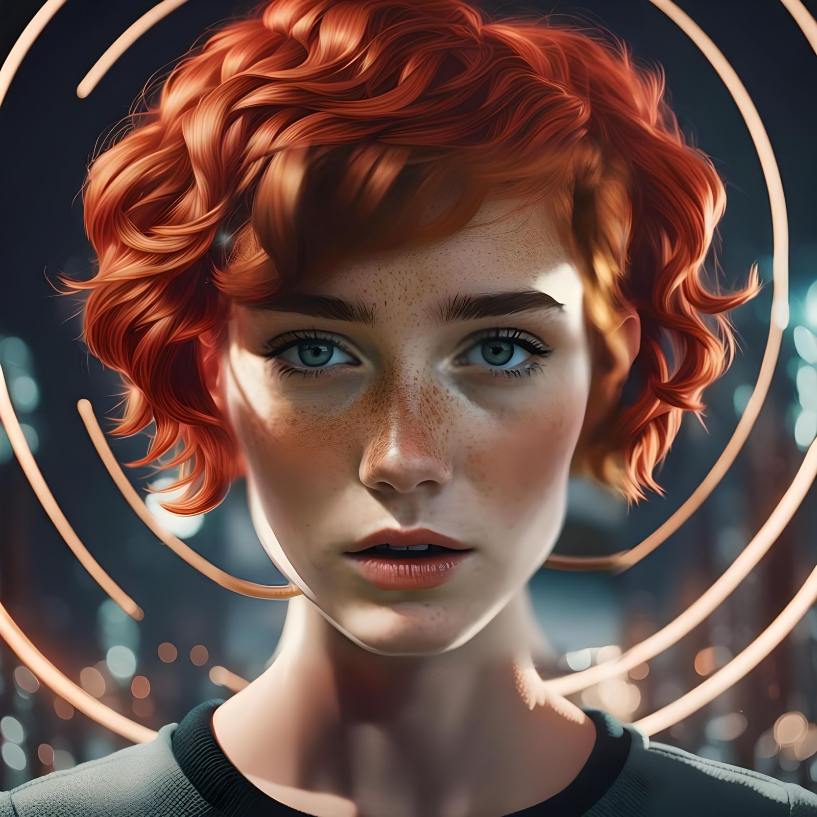 Hyperdetailed 8K action portrait of redhead girl with a pixie cut being ...