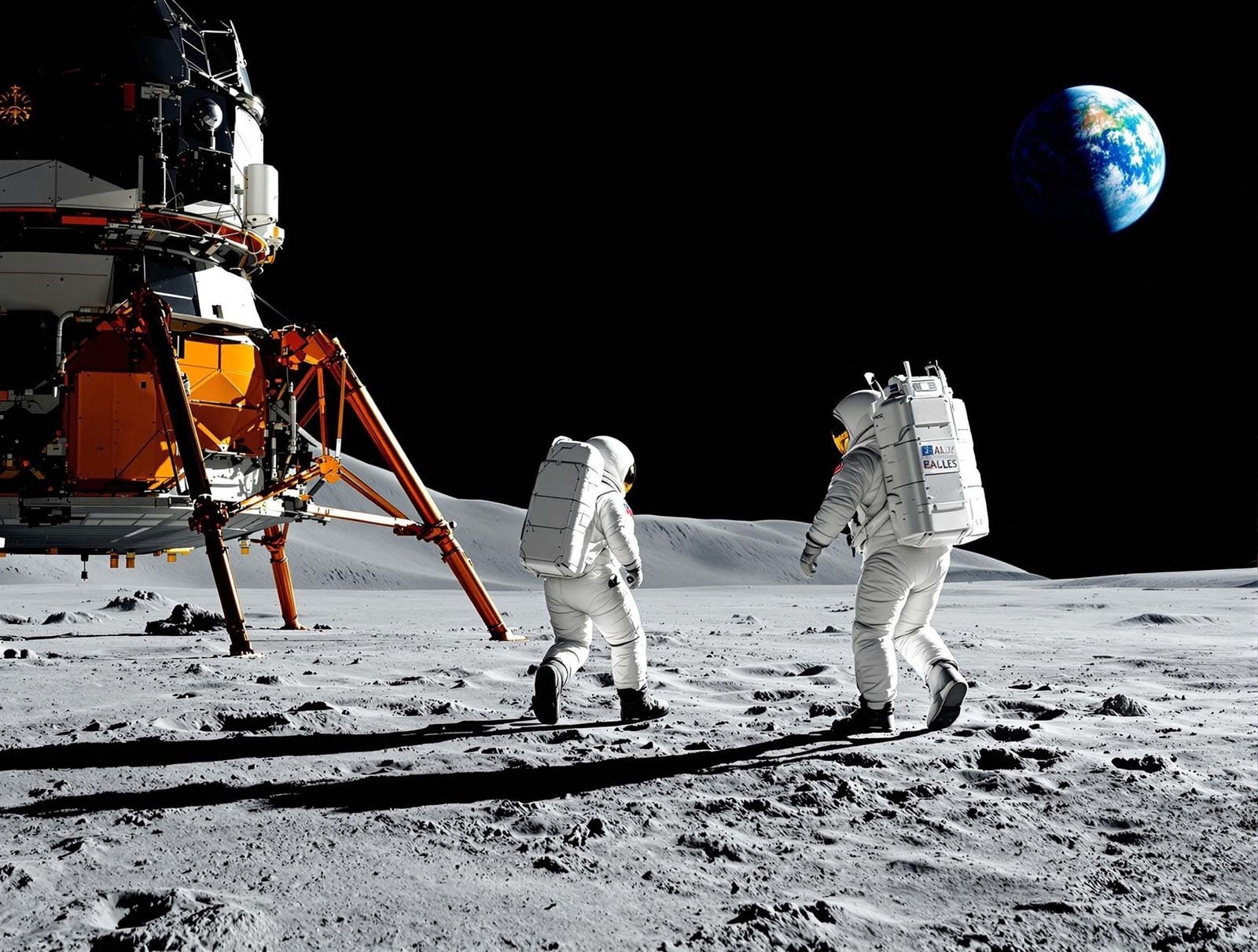 Photorealistic picture of the Appollo mission on the moon. Two white ...