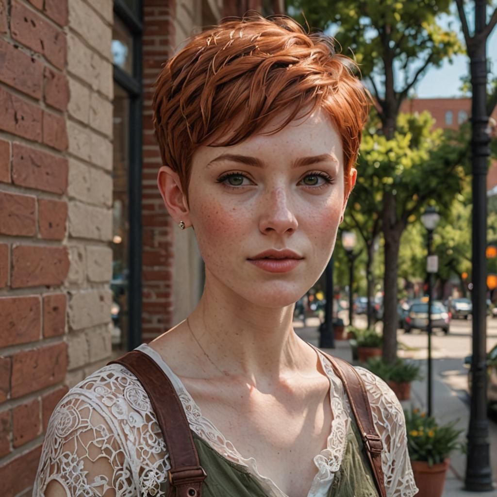 Redhead Becca with a pixie cut in Fort Collins, intricately detailed trending on Artstation - AI ...