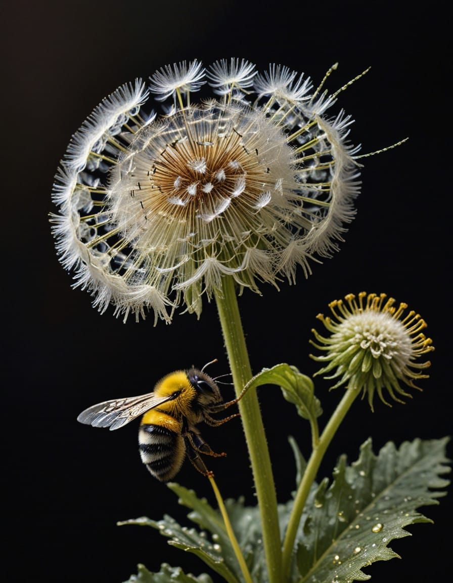 a tall dandelion stem dotted with sparkling dewdrops with detailed ...