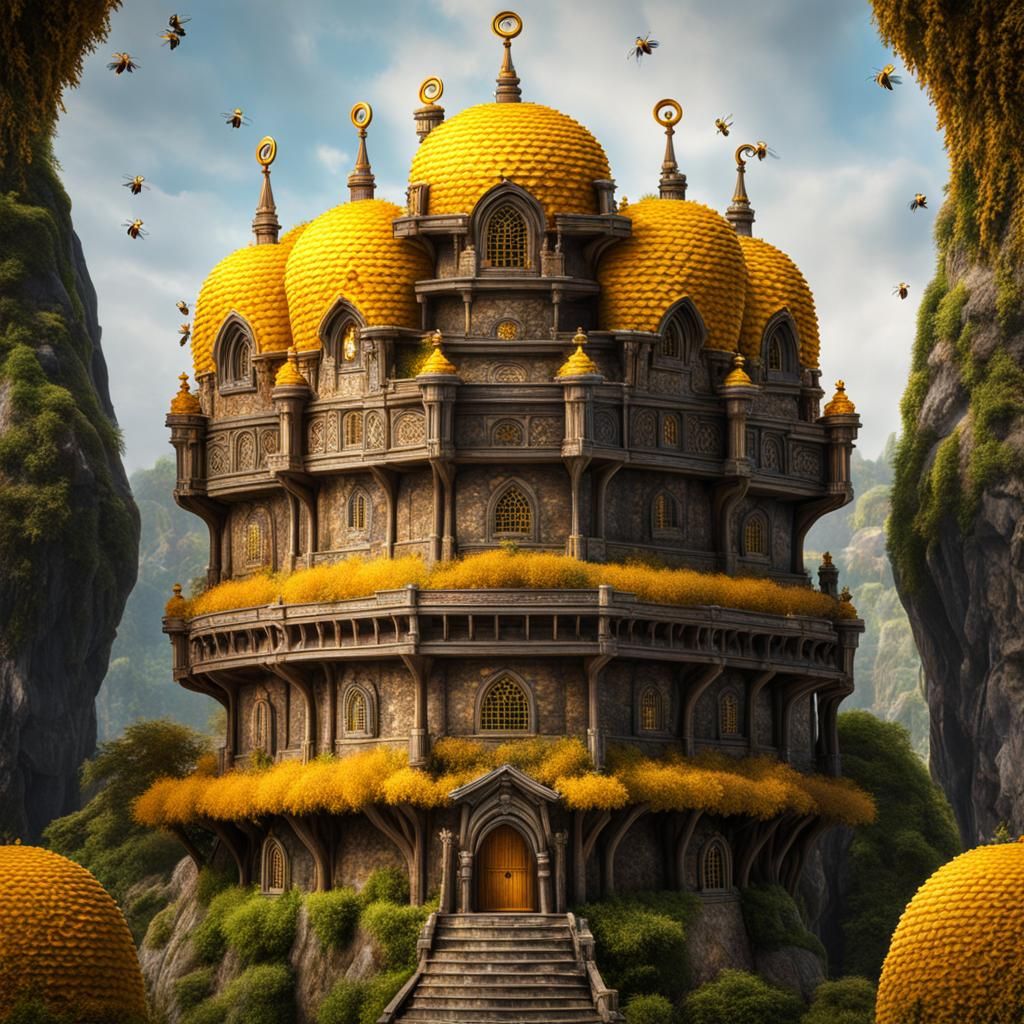 Bee hive castle, symmetrical, hyper realistic, hyper detail, beautiful ...