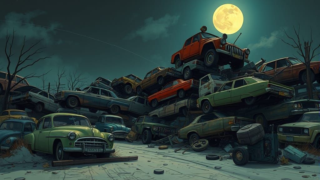 A deserted junkyard in the moonlight.