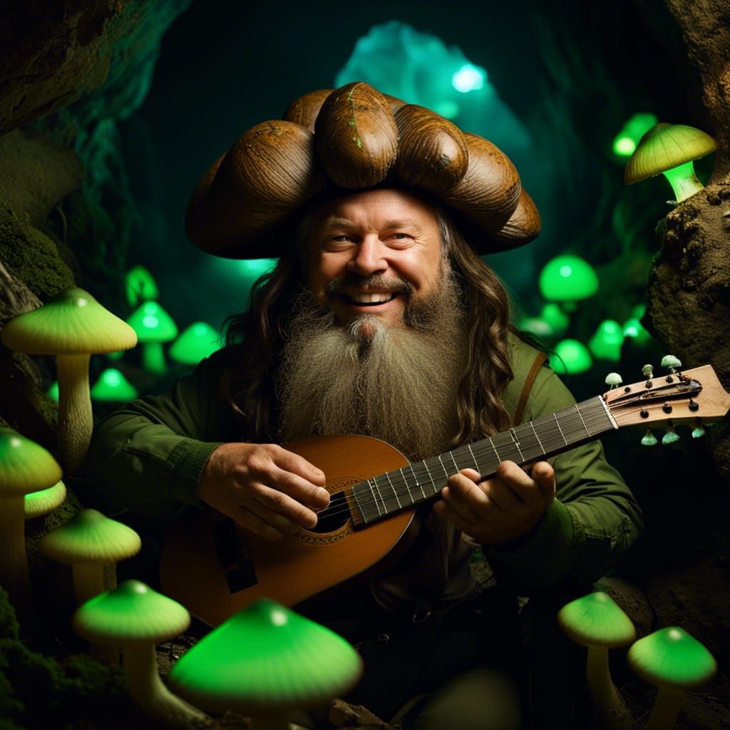 A friendly dwarf playing guitar in a mushroom cave - AI Generated ...