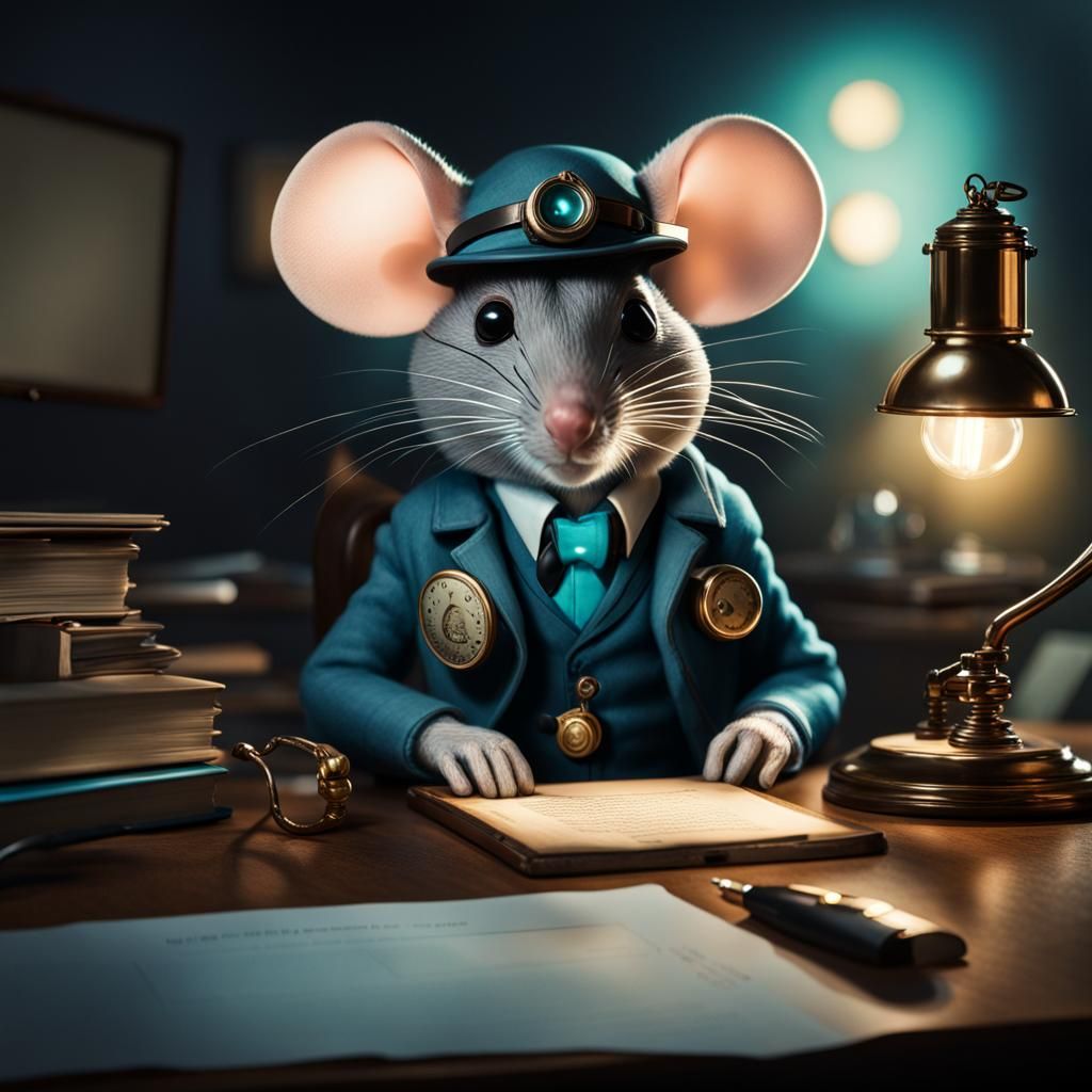 Photograph, hyperrealistic, A bioluminescent mouse with a monocle in a ...
