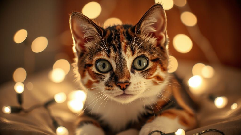 A heartwarming image of a calico cat surrounded by twinkling lights