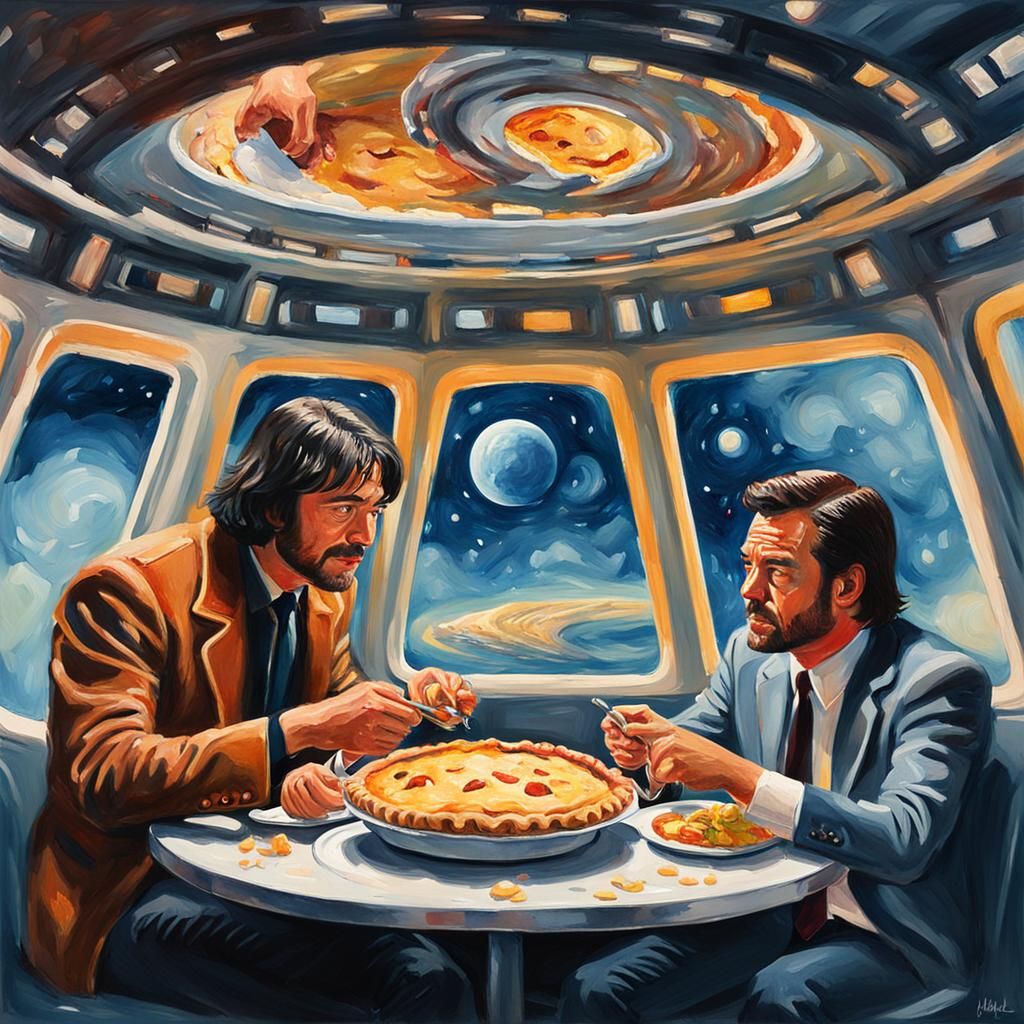 Two men eating pie in space - AI Generated Artwork - NightCafe Creator