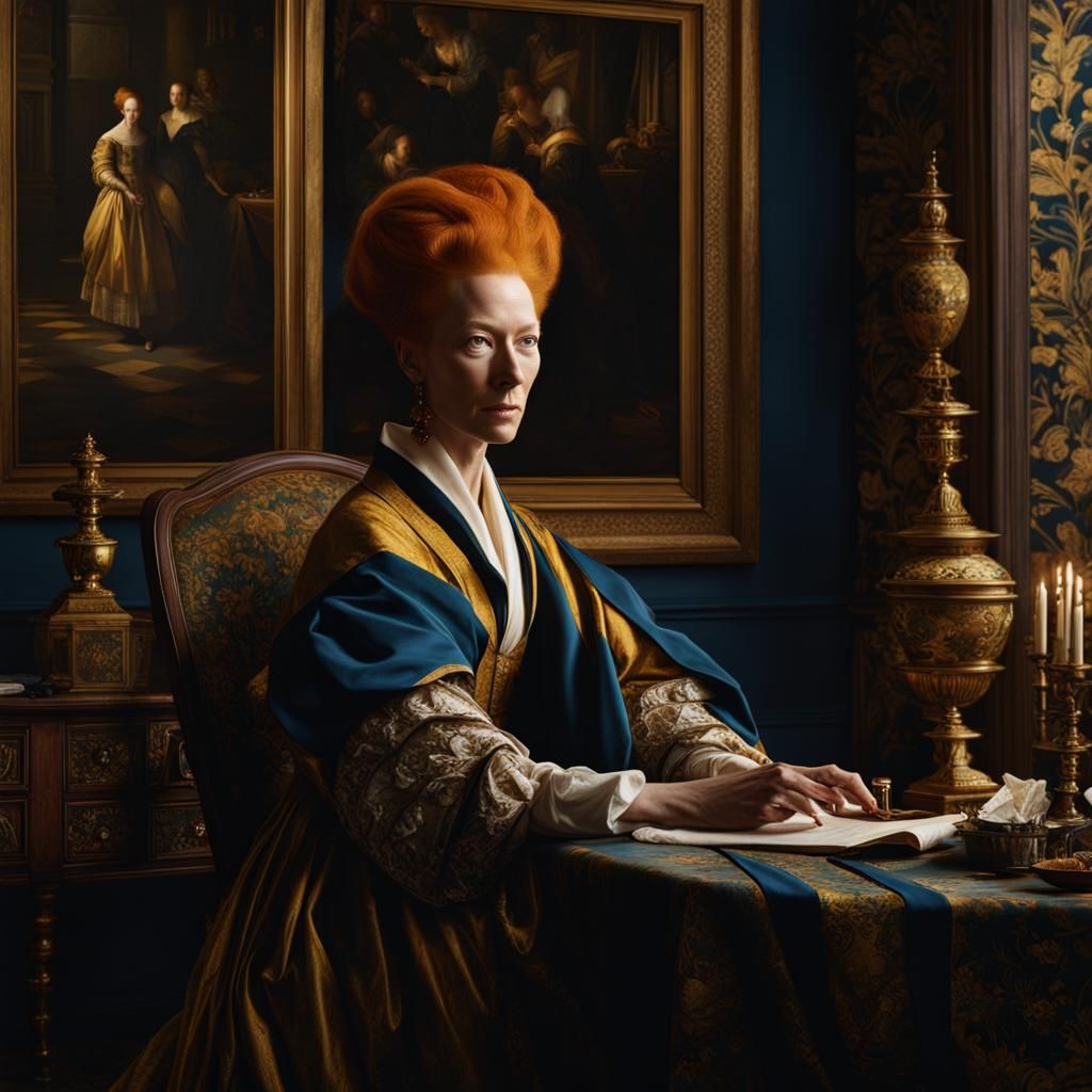Tilda Swinton painted by Vermeer - AI Generated Artwork - NightCafe Creator