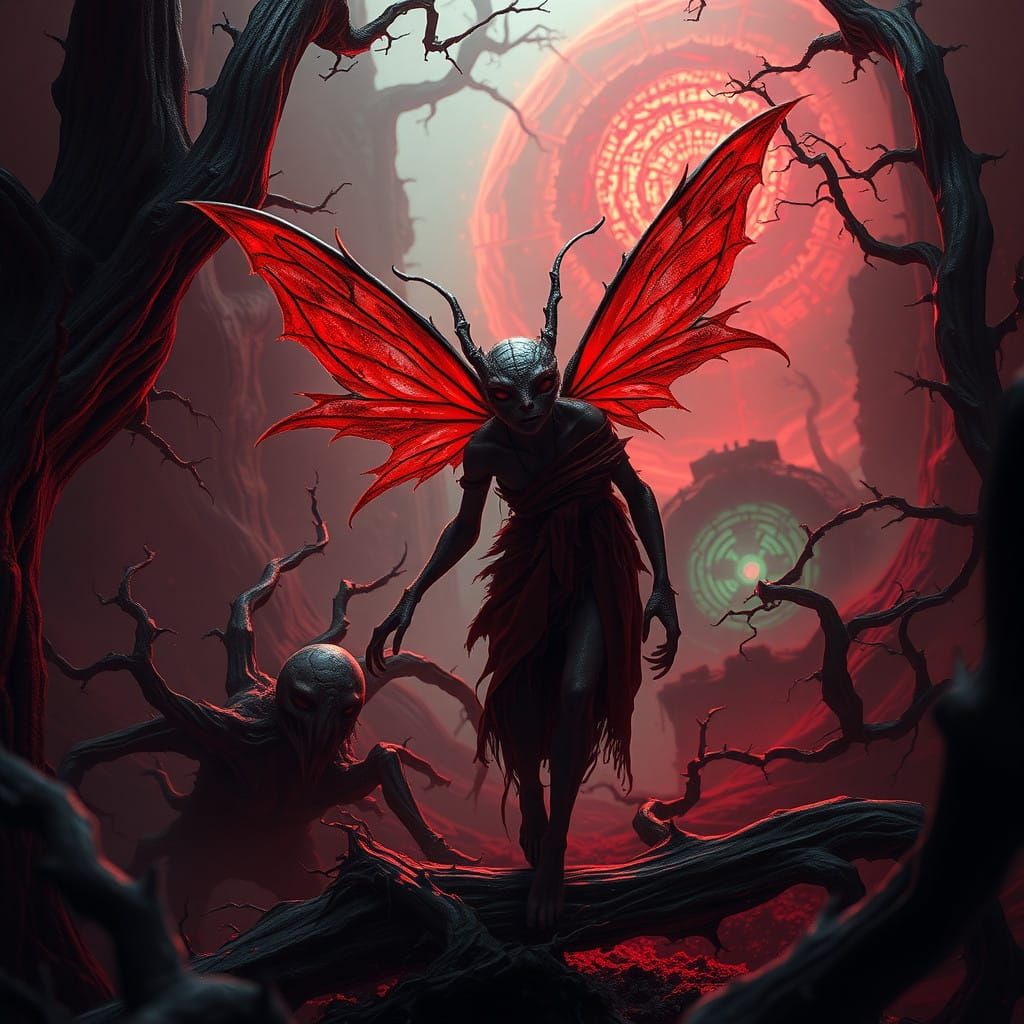 A twisted, iridescent fairy with chitinous skin and bulging, pulsing ...