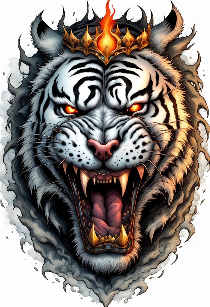 ""An angry tiger wearing a crown with fire in his eyes. Drawn Inspired ...