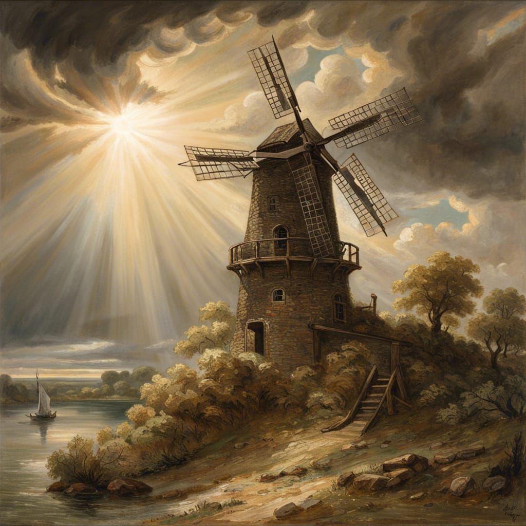 an old windmill, on a cliff, overlooking a lake, sun rays through the ...