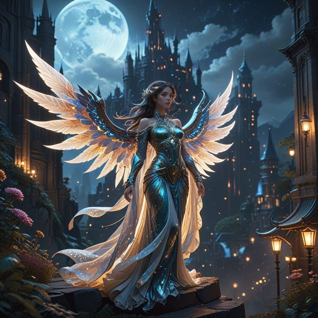 Beautiful angel at night in the city