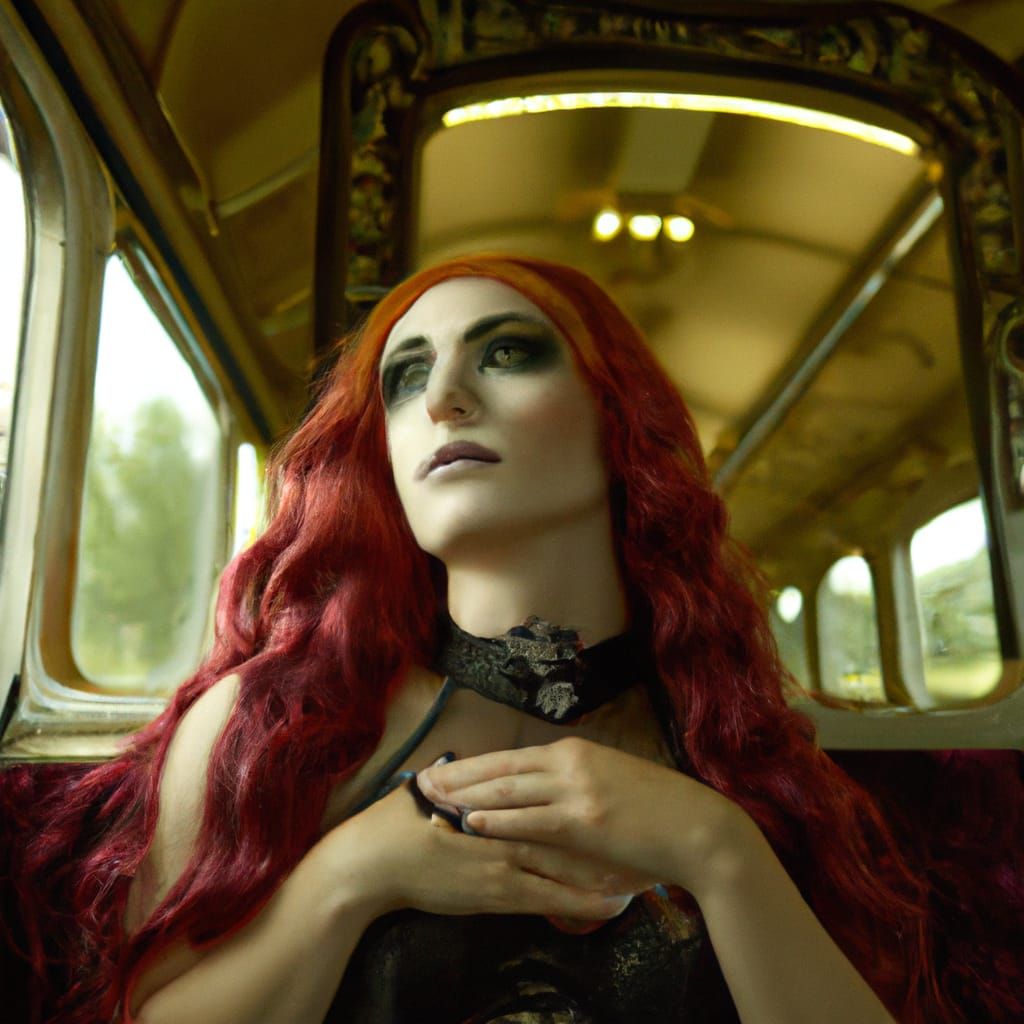 Redhead goth girl on an a train - AI Generated Artwork - NightCafe Creator