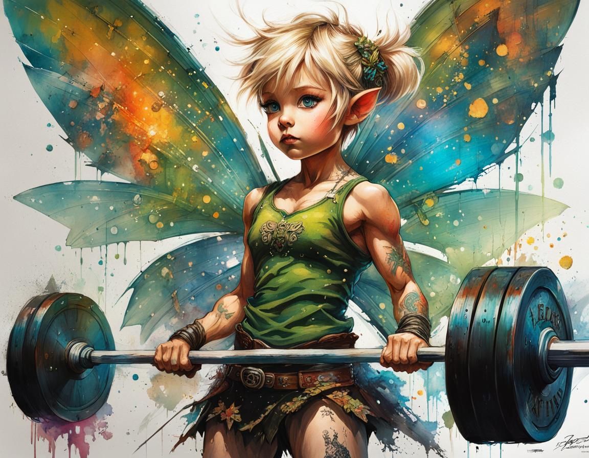 muscular badass tinkerbell fairy with tattoos lifting a huge barbell ...