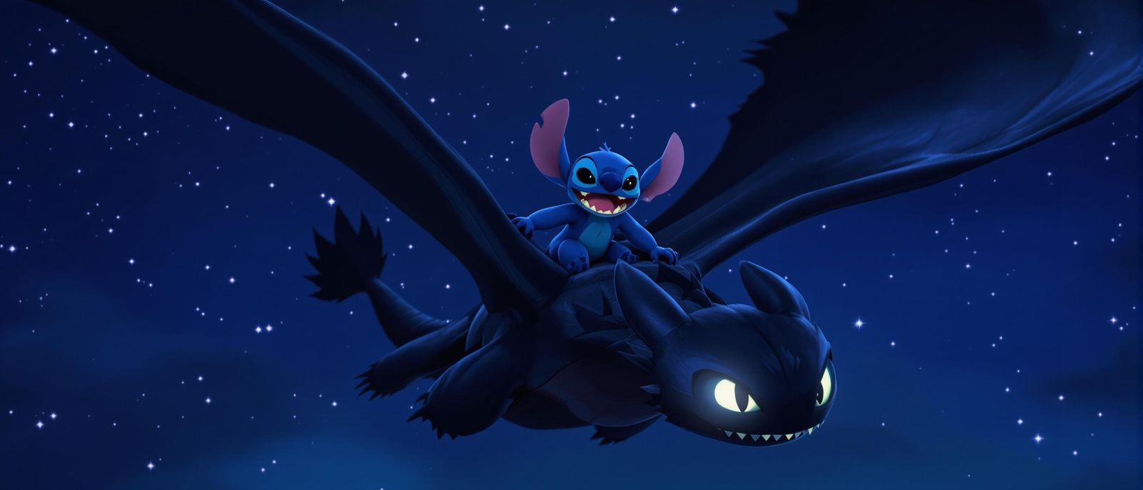 Stitch Rides Night Fury Dragon in Starry Night Sky - AI Art