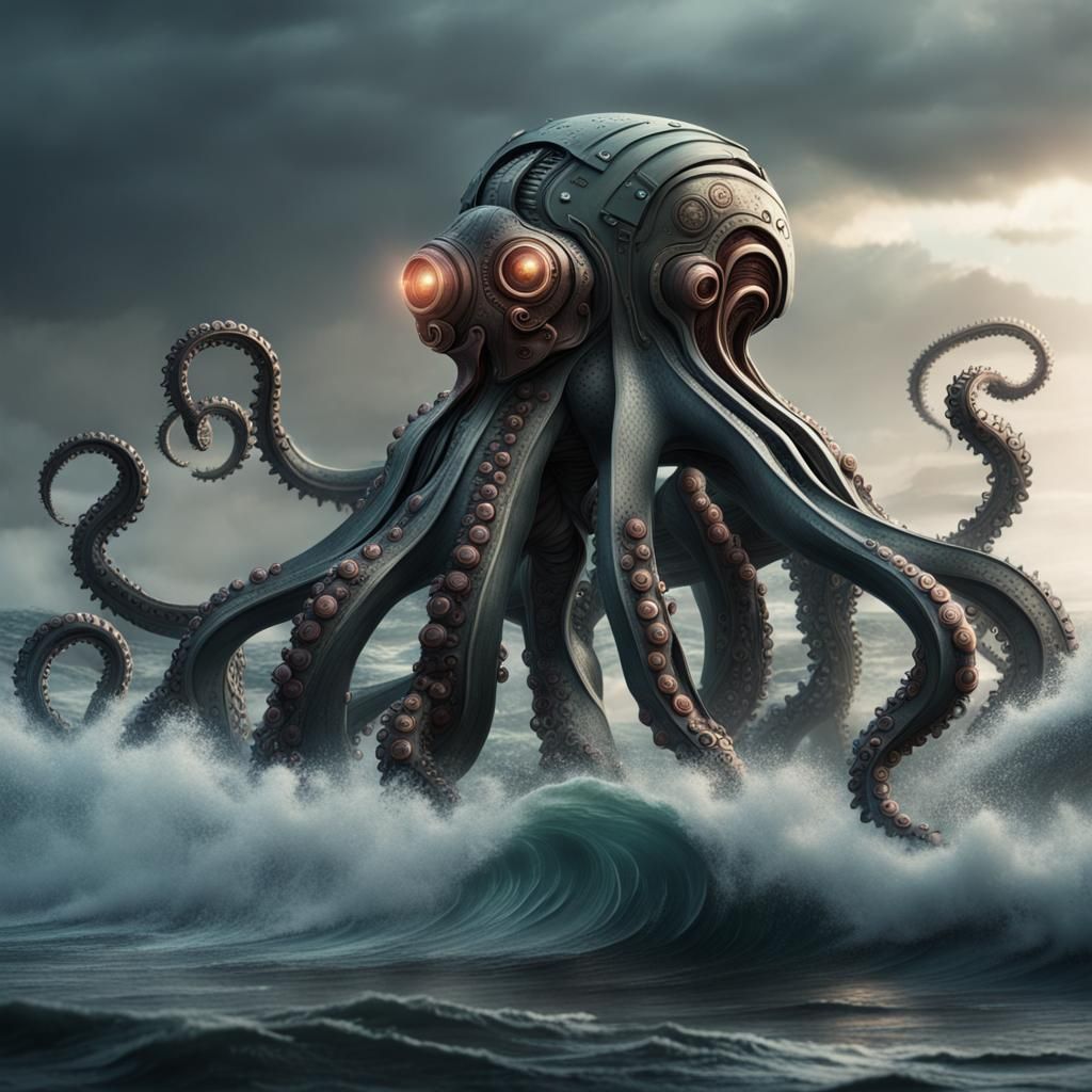Robot octopus. Waves. - AI Generated Artwork - NightCafe Creator