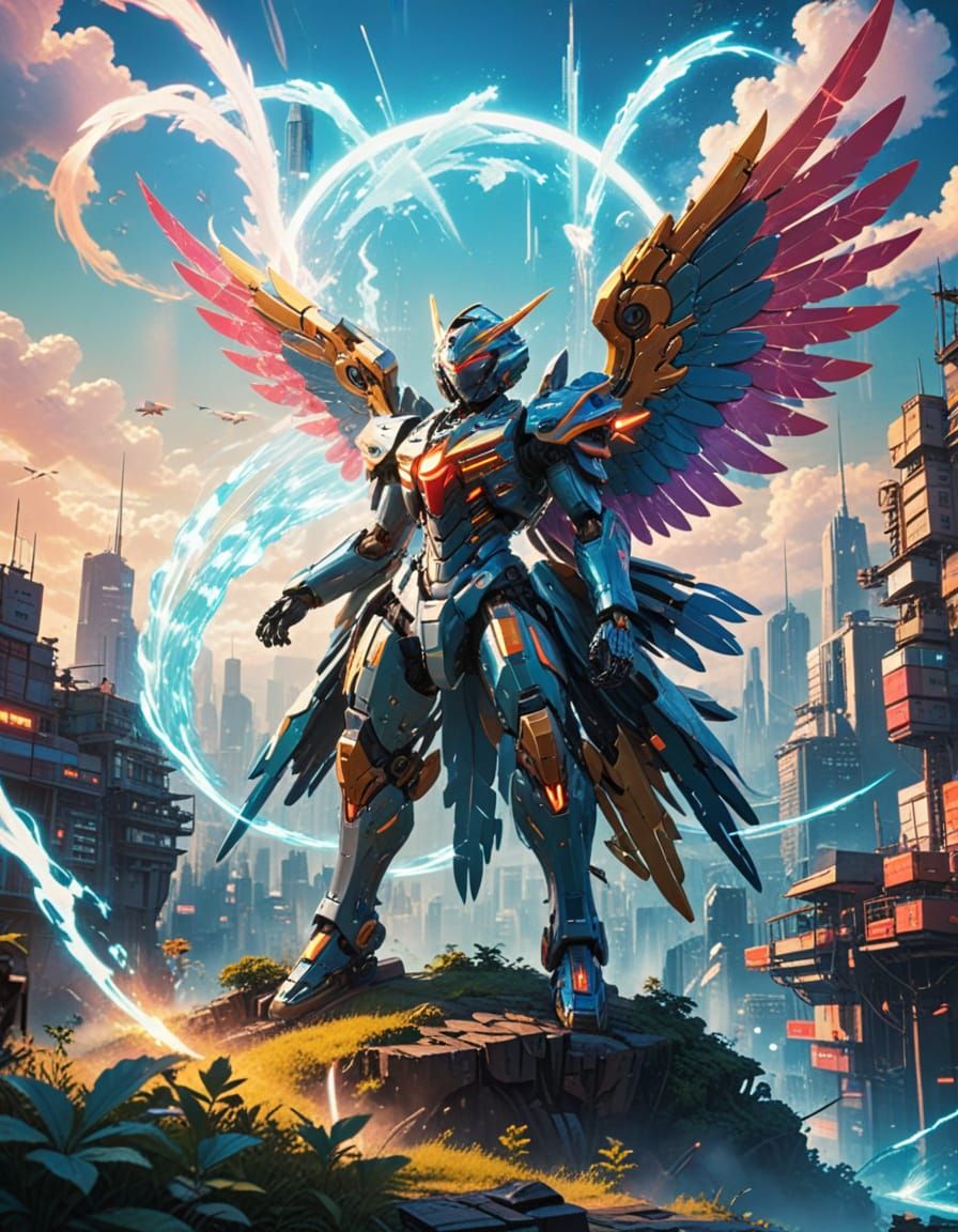 Cyberpunk Mecha Angel Soars Over Futuristic City i... - AI Art