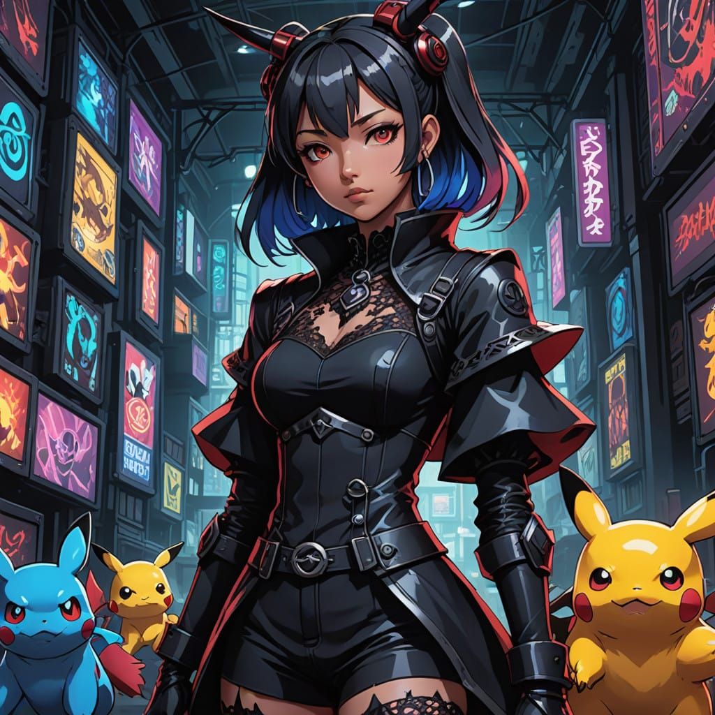 Gothic Anime Punk Girl Confident Pose - AI Art