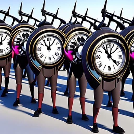 photo of anthropomorphized clocks with arms and legs, carrying rifles ...