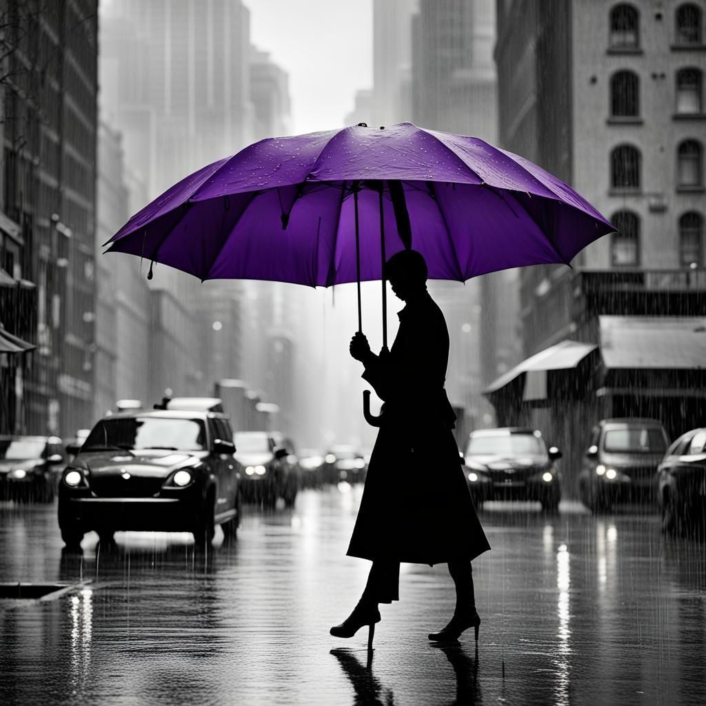 A lone purple umbrella stands out amidst a bustling cityscape rendered ...