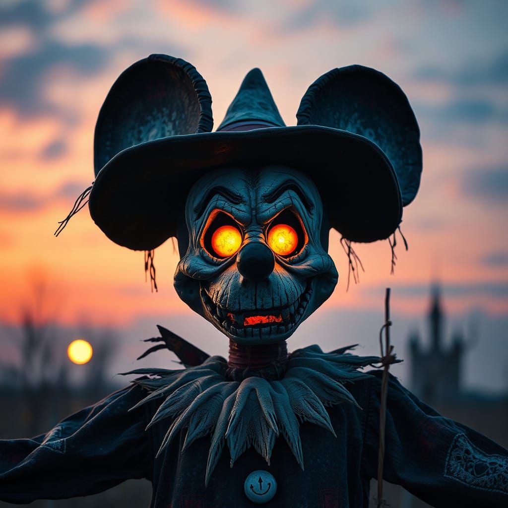 Surreal Mickey Mouse Scarecrow Emerges from Dusk - AI Art