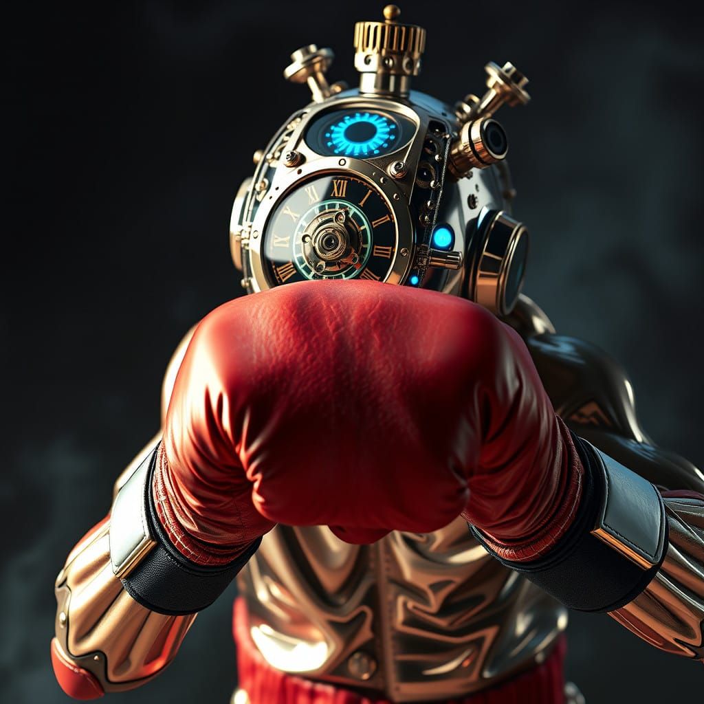 Cyberpunk Boxer Charges Forward with Timekeeping C... - AI Art