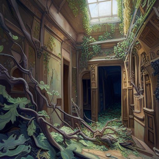 Inside an overgrown building - AI Generated Artwork - NightCafe Creator