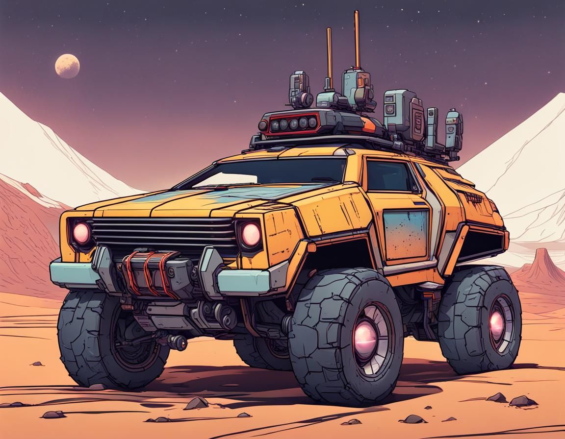 Retrofutiristic all terrain car inspired by Borderlands games. Mixed ...