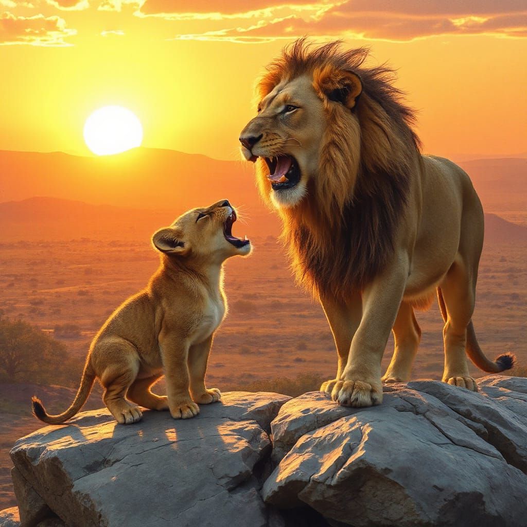 a lion dad teaches his cub how to roar, standing proudly on a rocky ...