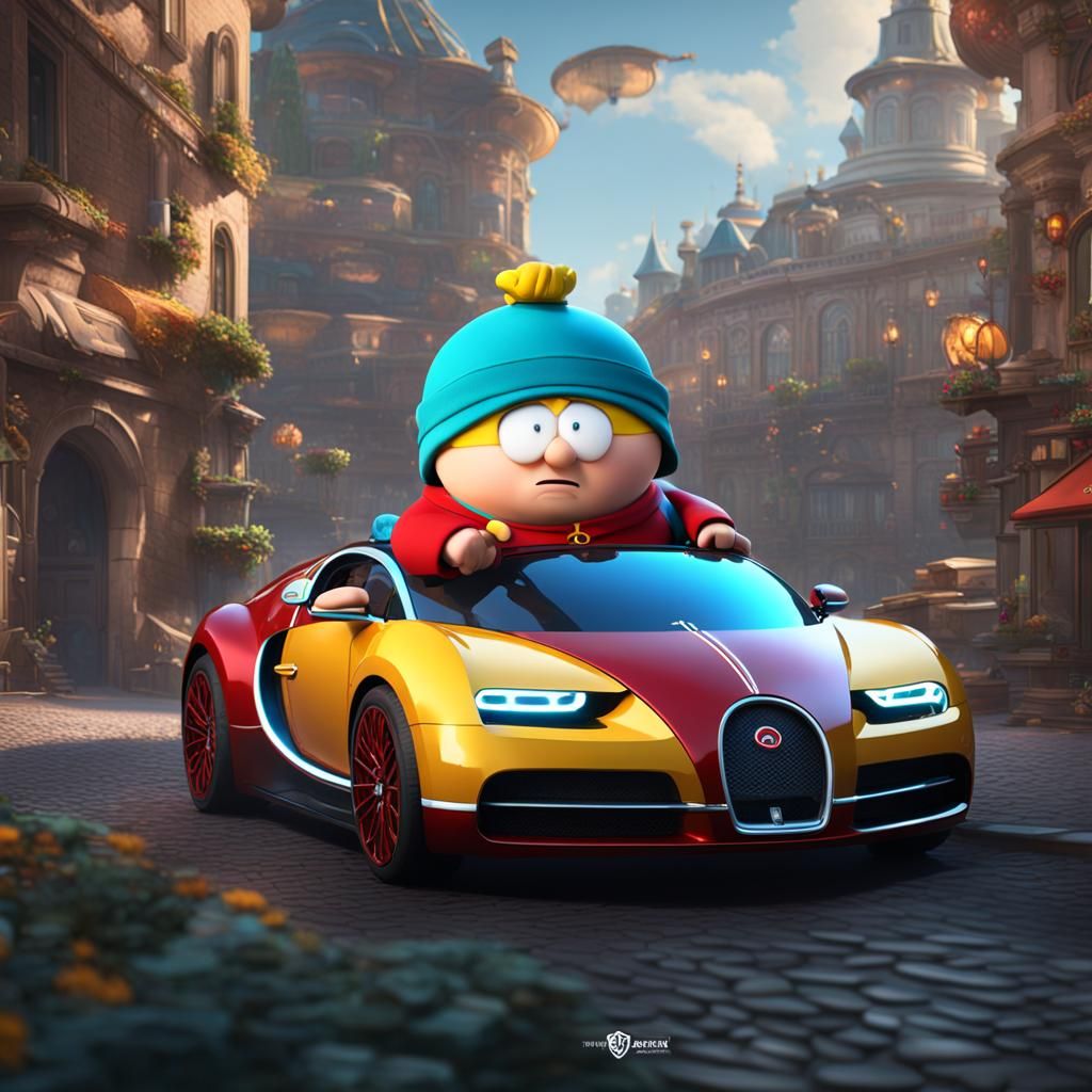 Cartman driving a Bugatti - AI Generated Artwork - NightCafe Creator