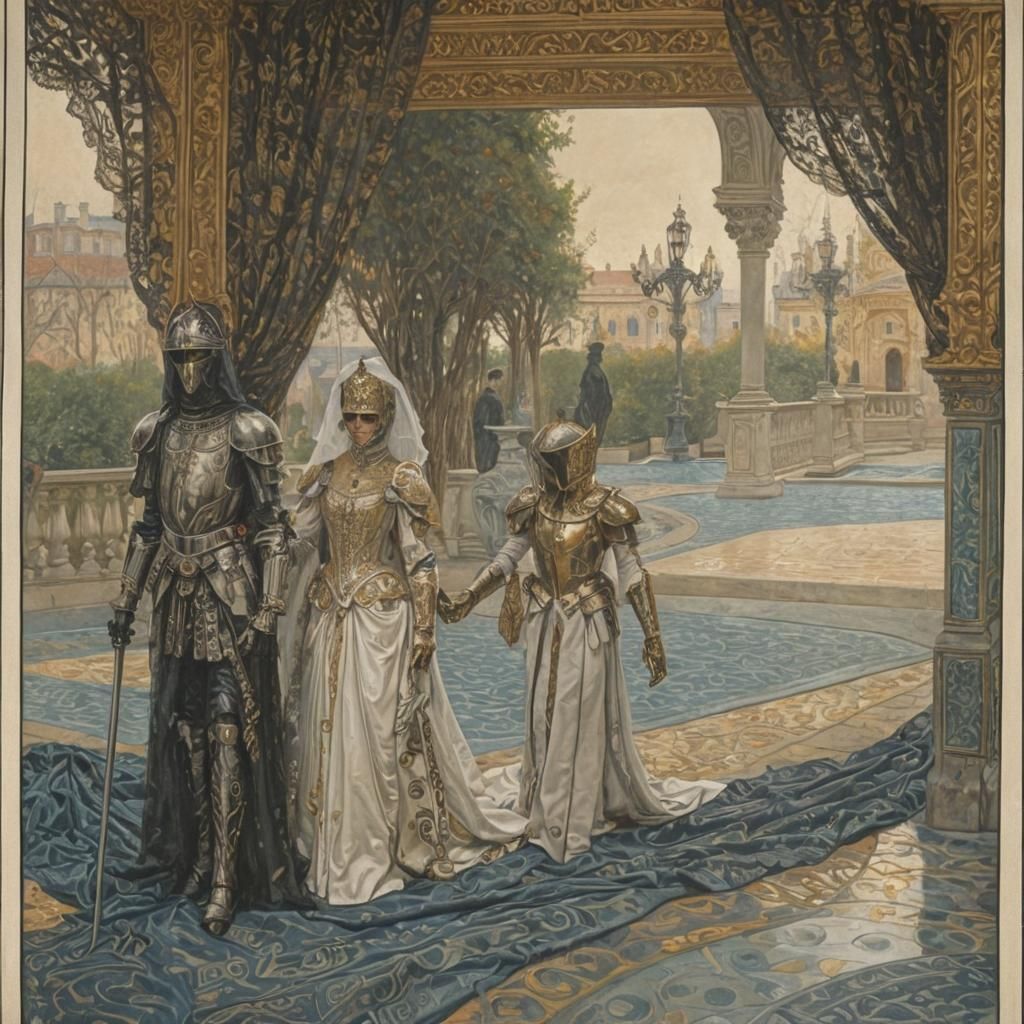 Art by James Tissot, indistinct holy knight paladin figure concealed ...