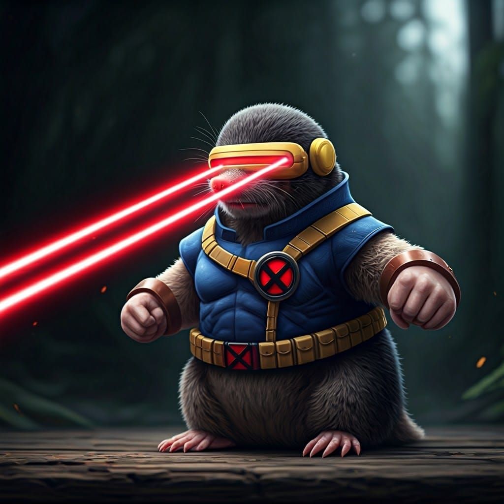 a mole dressed as Cyclops from Marvel X-Men who shoots laser beams from ...