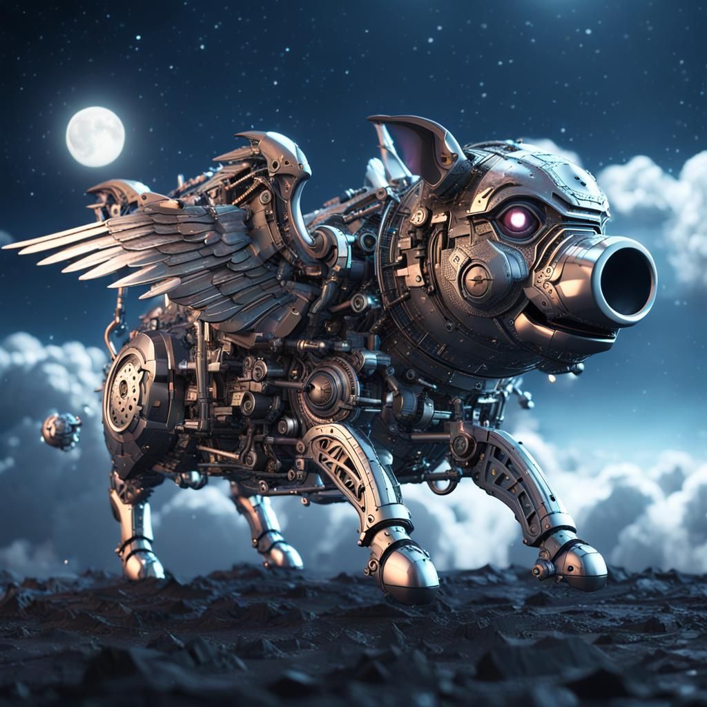 sparkling winged mechanical pig in the clouds at night with the moon showing : r/nightcafe