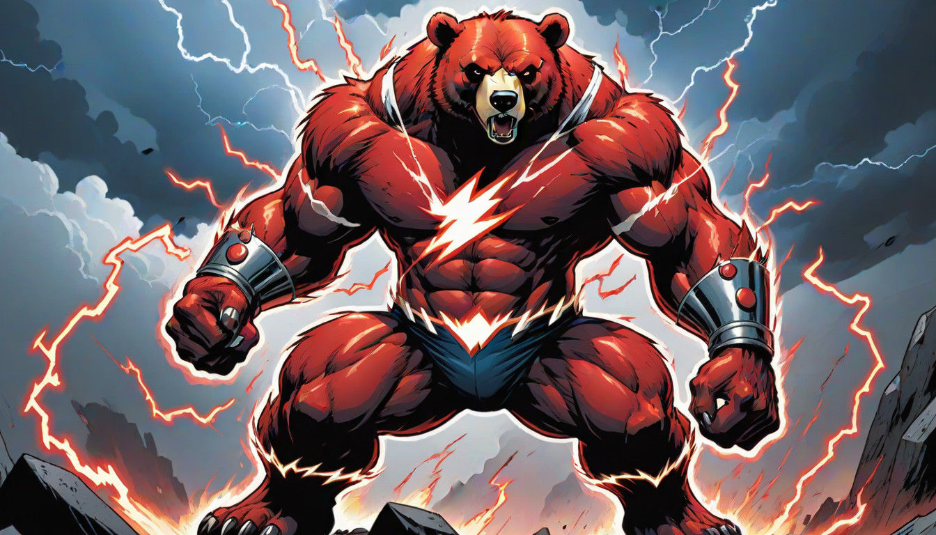 Hero-bear controlling lightning in style of Todd McFarlane and Jim Lee