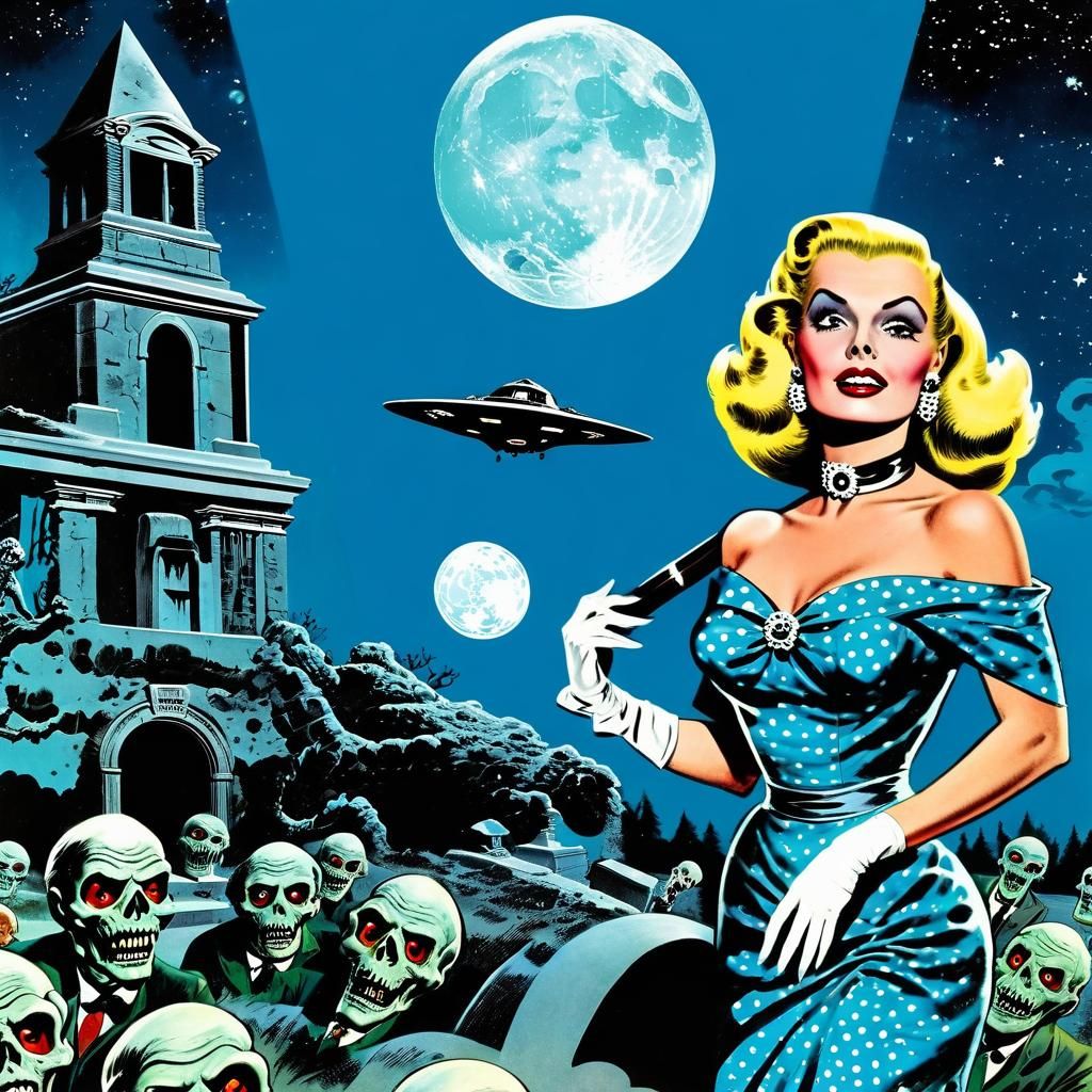 1950s comic book style, tales from the crypt, an evil alien monster. zombies. a beautiful blonde ...
