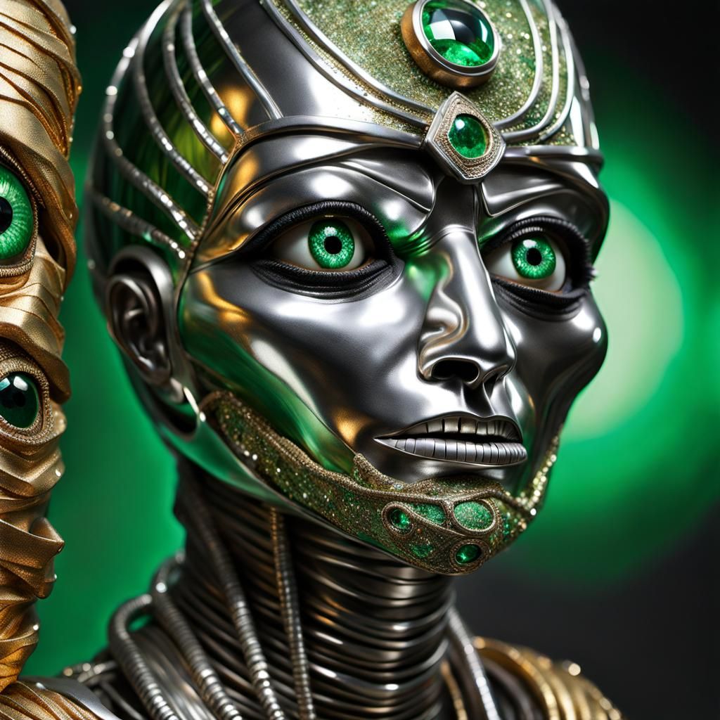 Close-up metallic mummy patched liquid and glitter sculpture with weird ...