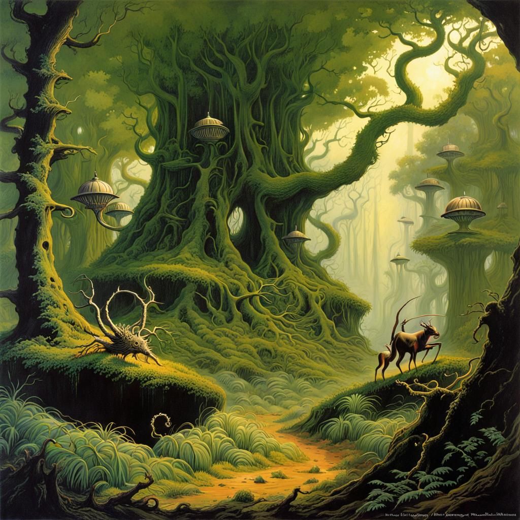 Eldritch forest, fantasy, style of Rodney Matthews - AI Generated Artwork - NightCafe Creator