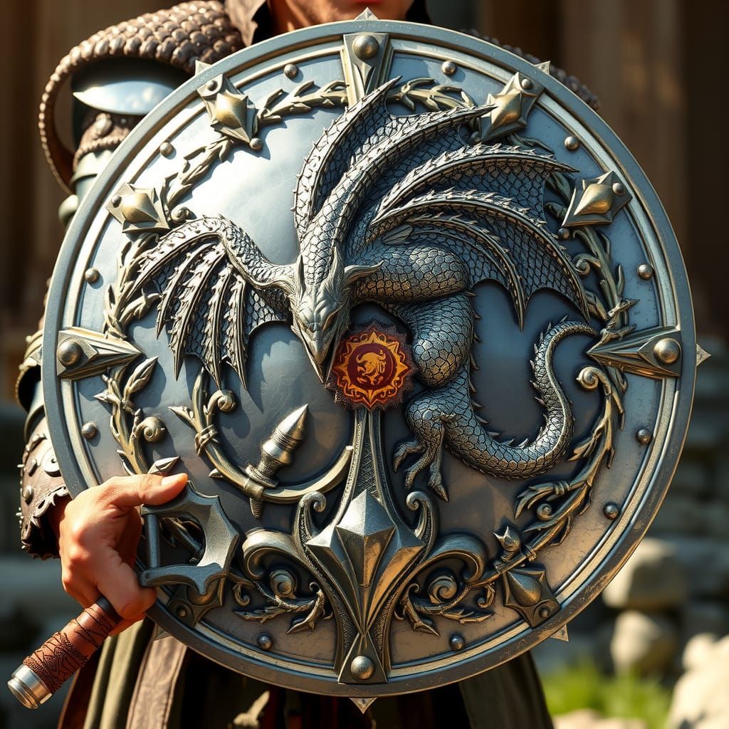 Photorealistic picture of a full height intricate tower shield hold by ...