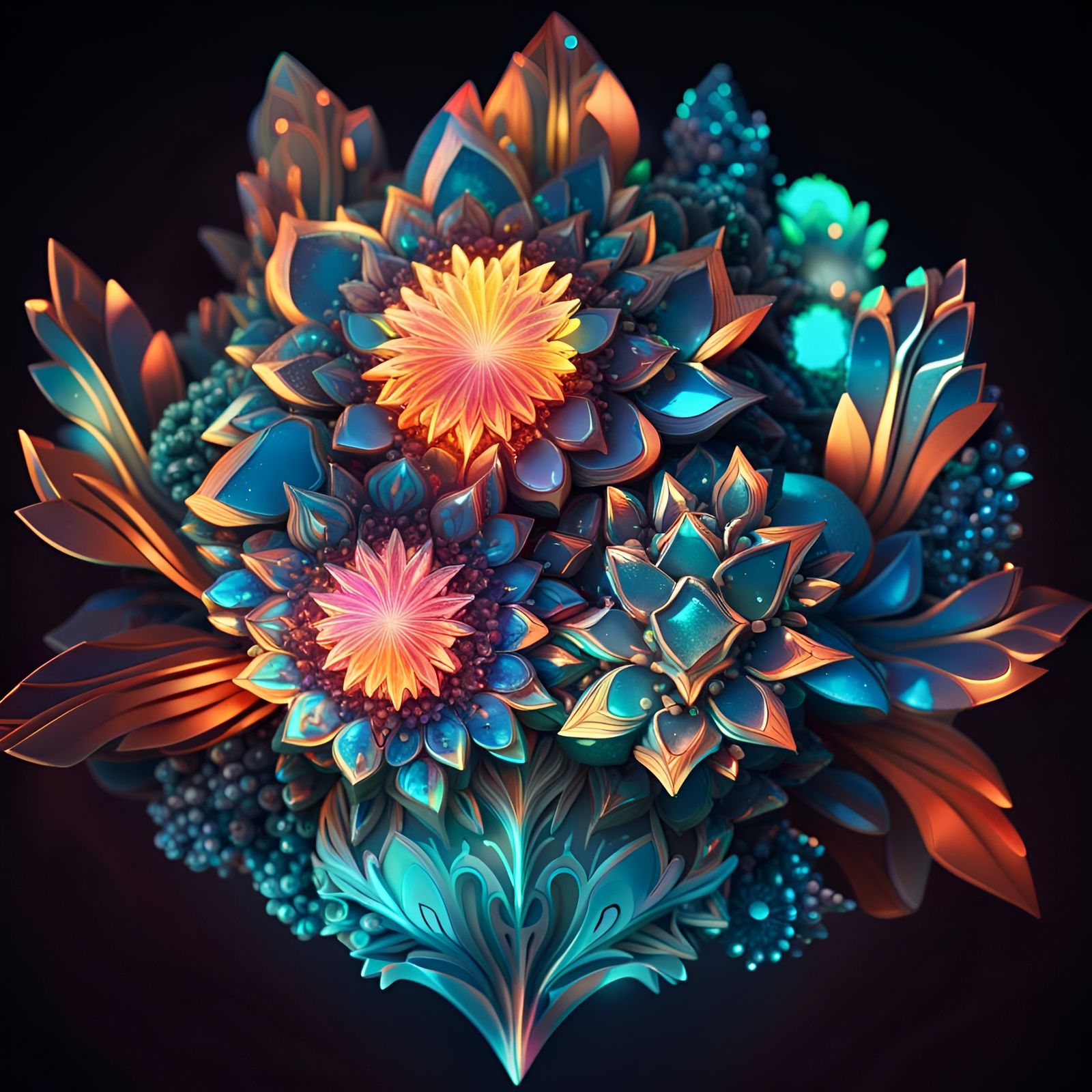 glowing beautiful ember crystals embedded in iridescent flowers and ...