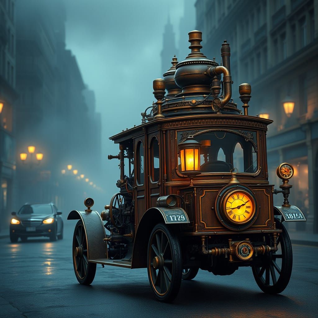 Steampunk taxi - Victorian Steam-Powered Taxi in a Foggy Ci...